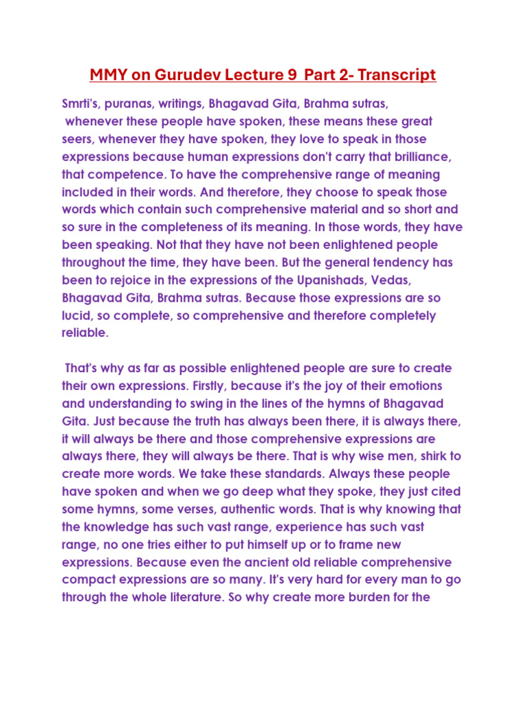 MMY On Gurudev Lecture 9 Part 2 - Tradition of Knowledge - Transcript | Download Free PDF ...