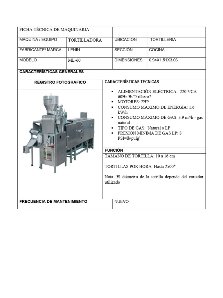 Ficha Tecnica de Maquinaria EDITABLE | PDF | Cocina Ficha Tecnica de Maquinaria EDITABLE | PDF | Cocina