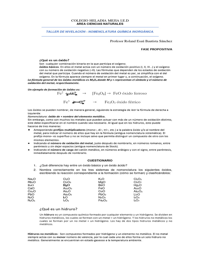 Nomenclatura Química Inorgánica: Óxidos y Hidruros | PDF | Ácido | Hidruro