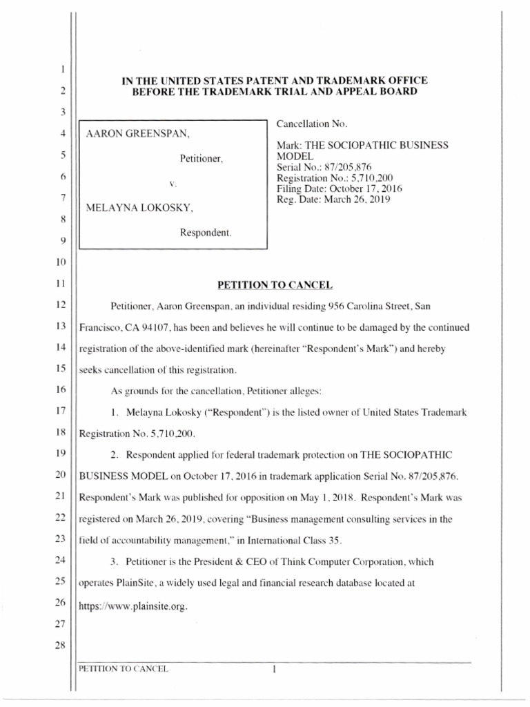 Aaron Greenspan v. Melayna Lokosky | PDF | Discovery (Law) | Trademark