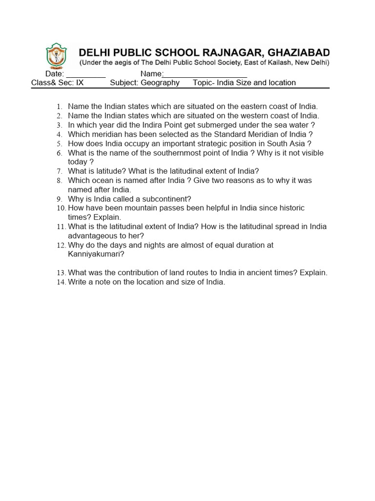 Class 9 Geography: India Size & Location Worksheet | PDF