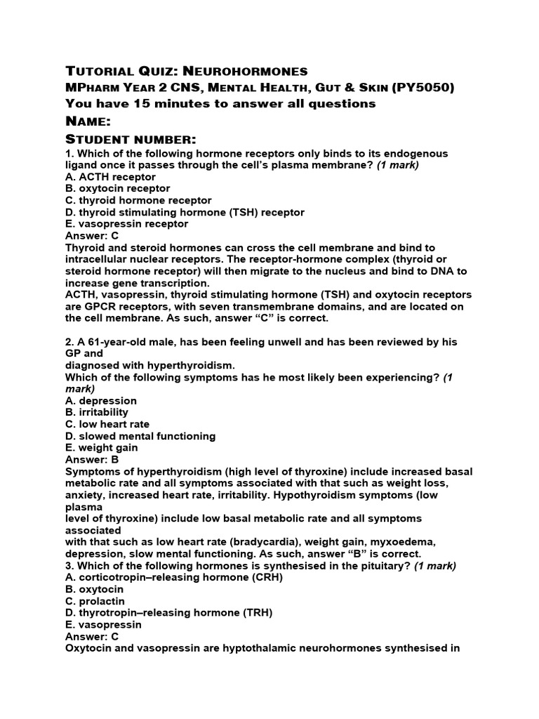 Tutorial Quiz | Download Free PDF | Hypothalamus | Adrenocorticotropic ...