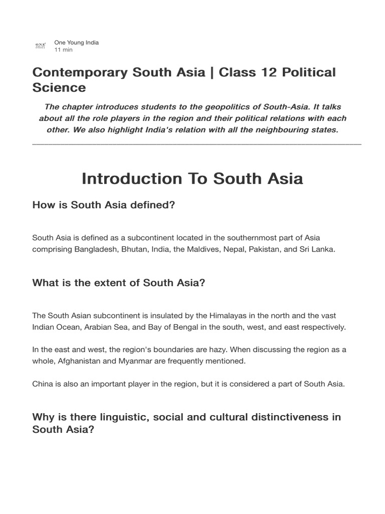 Class 12 Notes on Contemporary South Asia | PDF | South Asia | Indian ...
