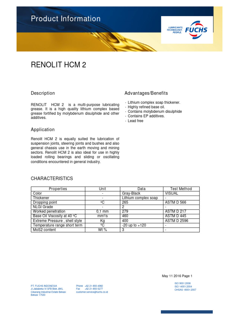 Renolit HCM2 | PDF | Materials | Lubrication