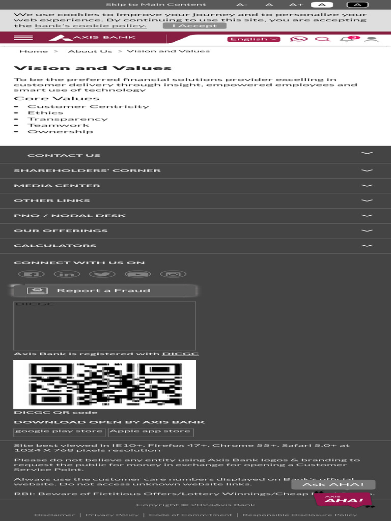 Vision and Values - Core Values - Axis Bank | PDF