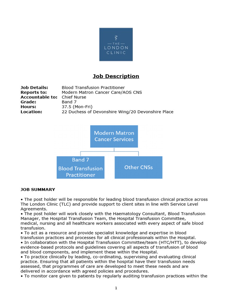 Blood Transfusion Practitioner Band 7 (Job Spec) V2023 | PDF | Blood ...