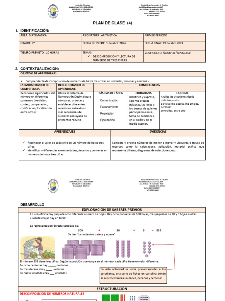 Plan de Clase Matematica 2° | PDF