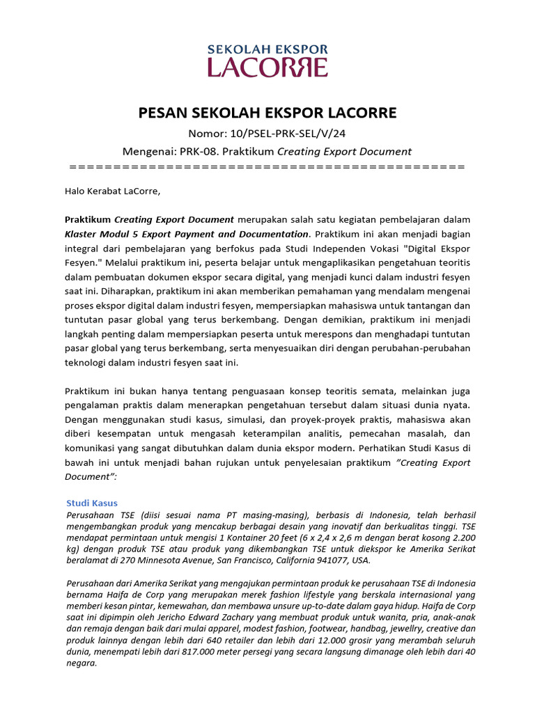 PSEL-10 LAC PRK-08. Praktikum Creating Export Document | PDF