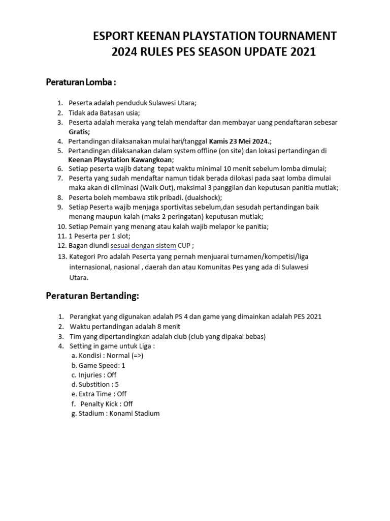 Peraturan_lomba_pes_2021 Keenan Playstation 24 Mei 2024 | PDF
