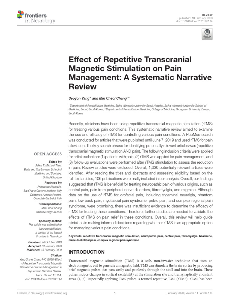 Repetitive Transcranial Magnetic Stimulation and Pain Management: Systemic Narrative Review ...