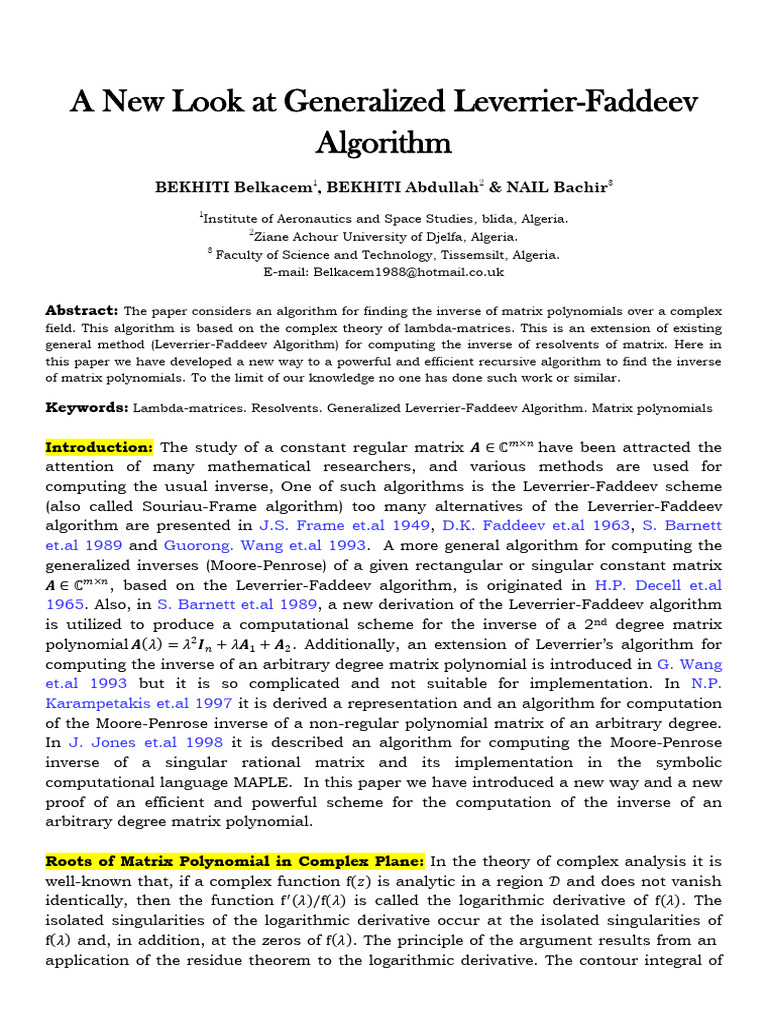 Generalized Leverrier-Faddeev Algorithm1 | PDF | Complex Analysis ...
