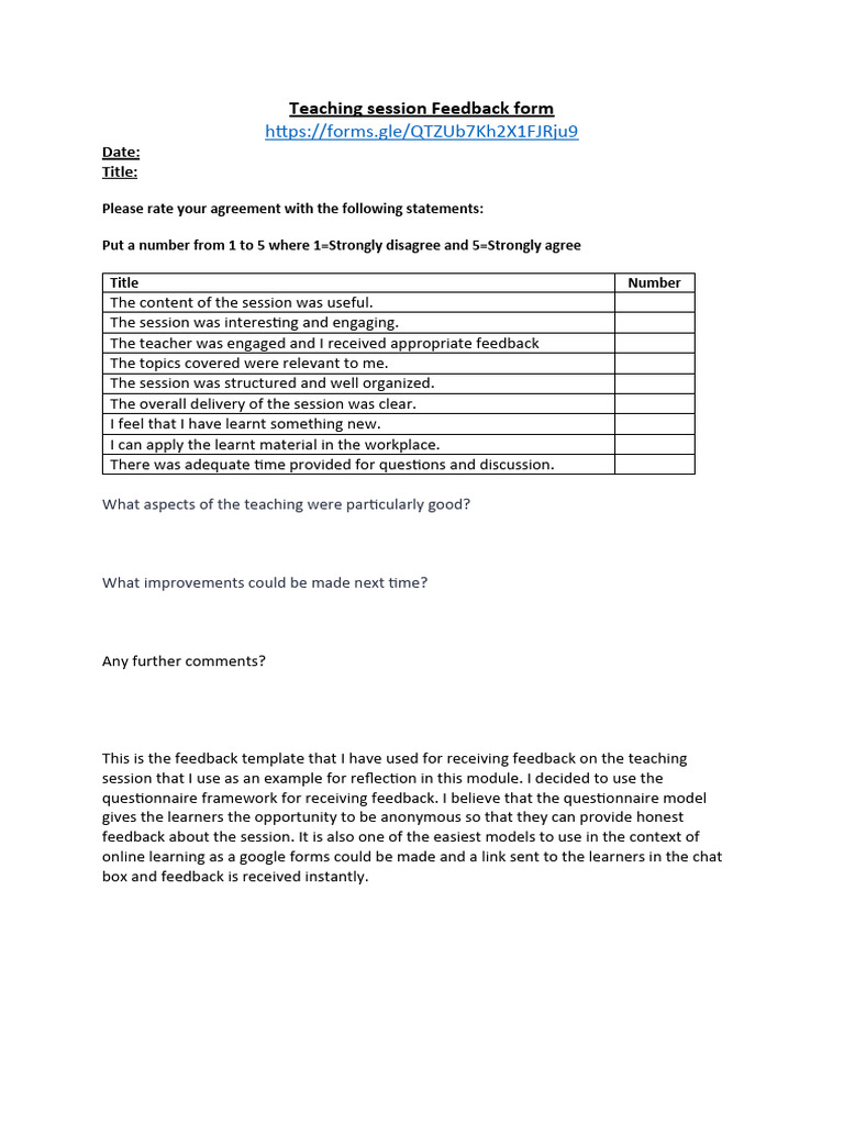 Teaching session Feedback form | Download Free PDF | Learning ...