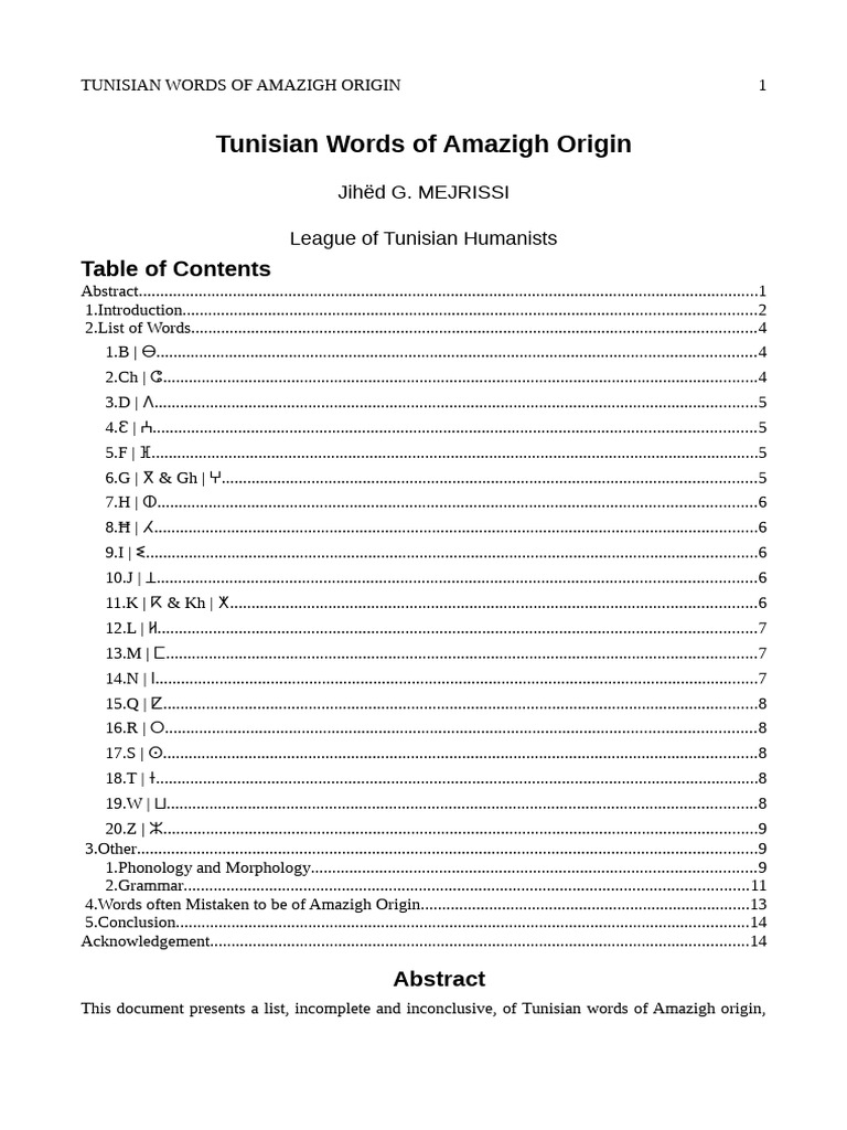 Tunisian Words of Amazigh Origin 1 Tunis | PDF | Arabic | English Language