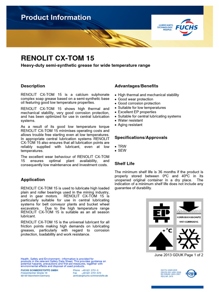 Renolit CX-TOM 15 | PDF | Lubricant | Mechanical Engineering