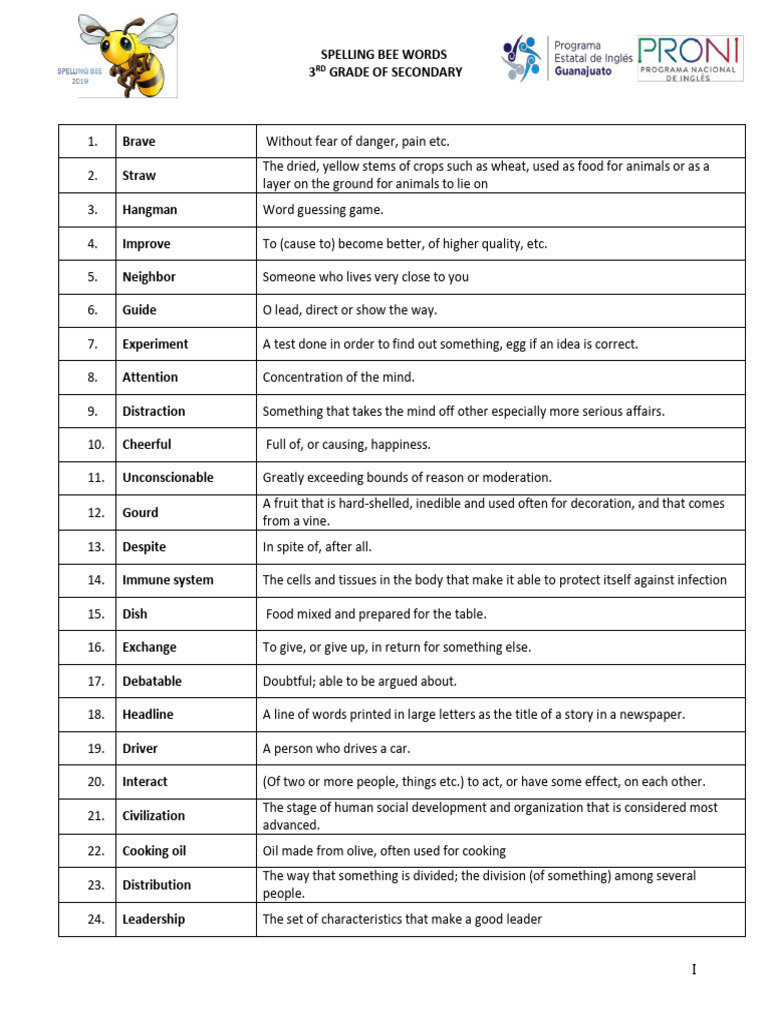 SPELLING BEE Words 3rd Grade Secondary | PDF