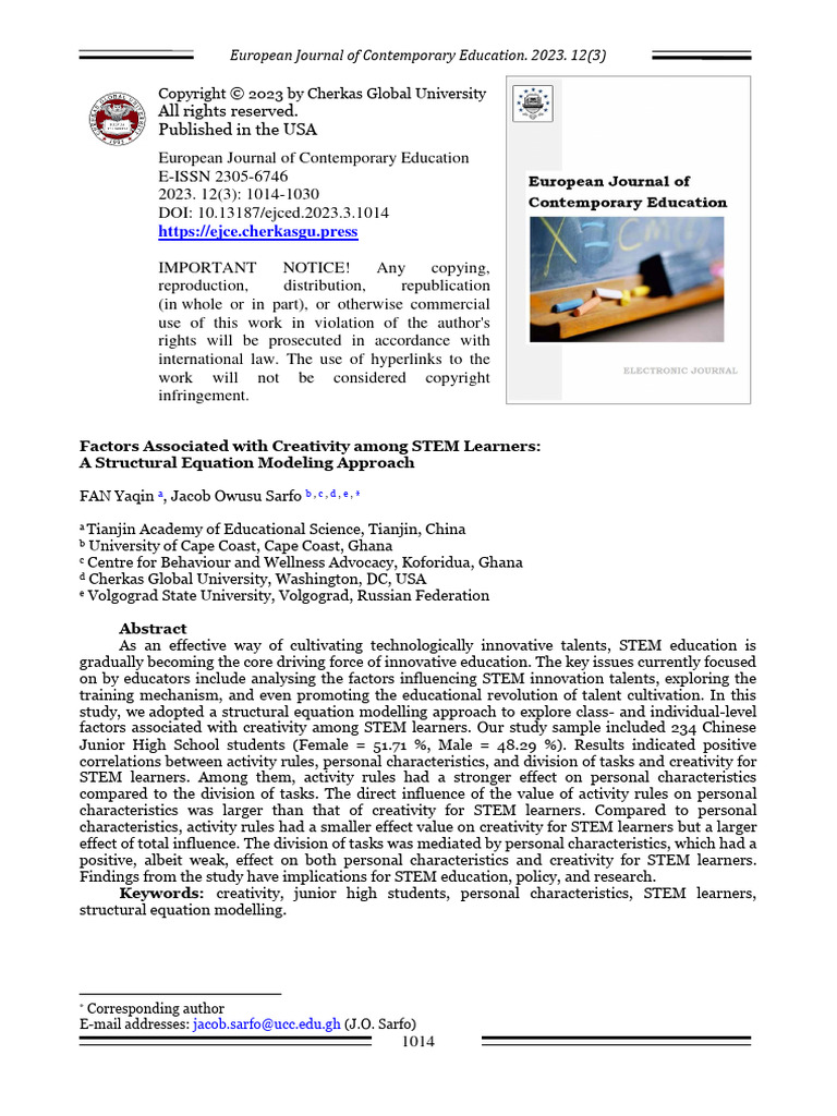 Factors Associated With Creativity Among STEM Learners A Structural ...