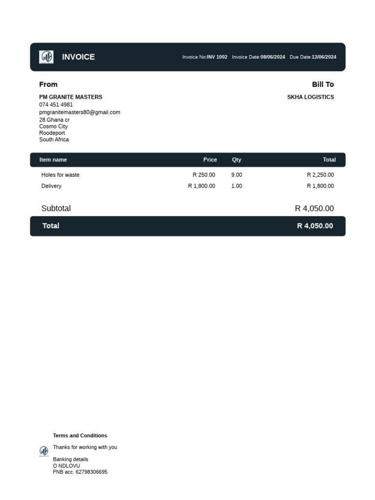 Invoice for SKHA Logistics | PDF