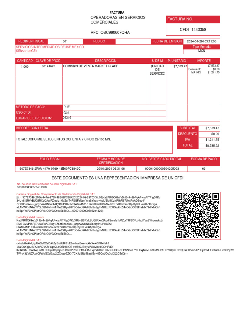Operadoras en Servicios Comerciales RFC: OSC990607QHA CFDI 1443358 | PDF