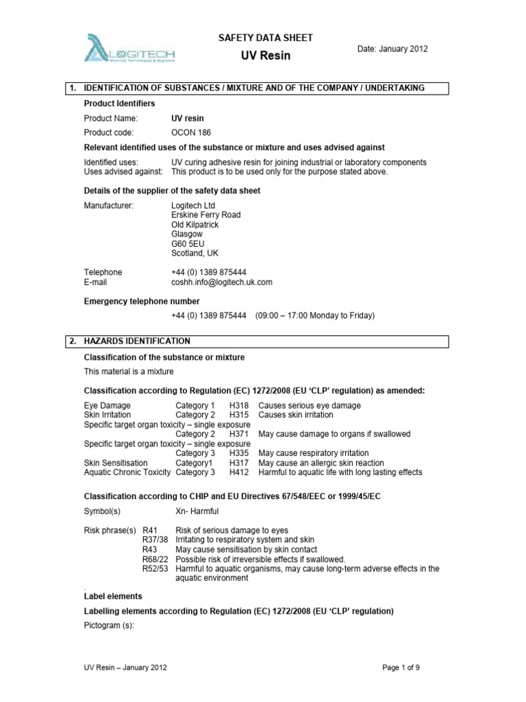 UV Resin Safety Data Sheet 2012 | PDF | Toxicity | Personal Protective ...