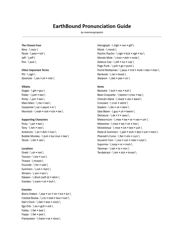 EarthBound Pronunciation Guide | PDF | Self-Improvement