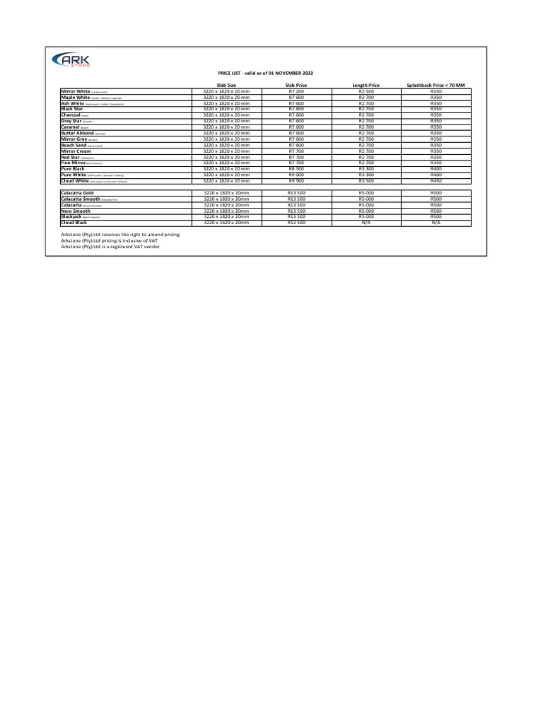 Arkstone Pricelist - 01 November 2022 | PDF
