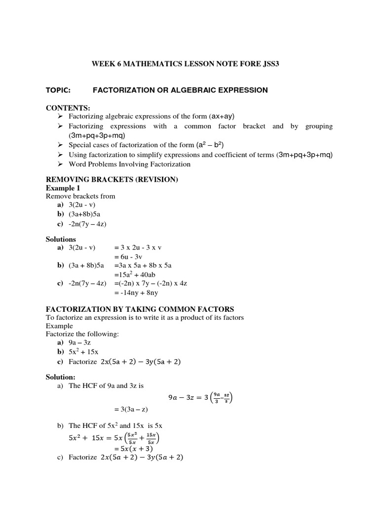 1705 - Week 6 Mathematics Lesson Note Fore JSS3 | PDF | Factorization | Abstract Algebra