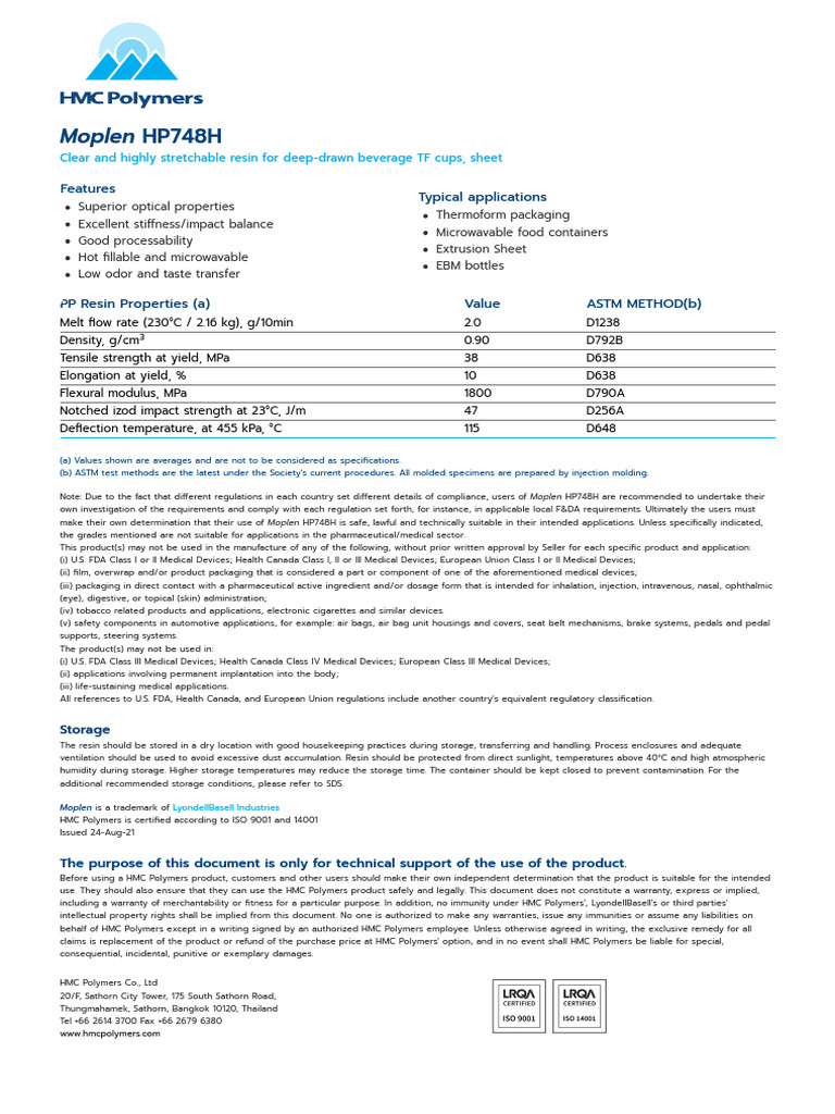 Moplen HP748H | PDF | Medical Device | Food And Drug Administration