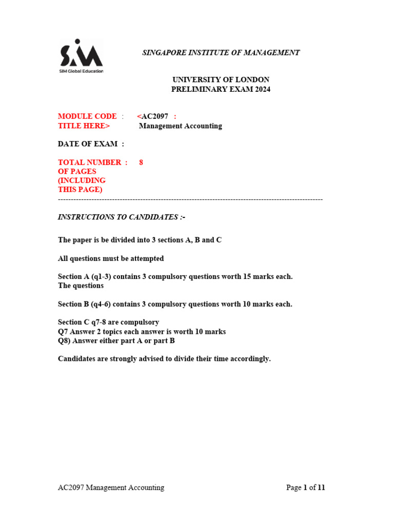 AC2097 preliminary exam paper - 2024 | Download Free PDF | Taxes | Cost