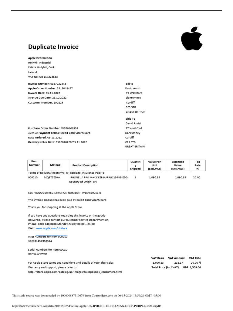 Facture Apple UK IPHONE 14 PRO MAX DEEP PURPLE 256GB PDF | PDF | Value ...