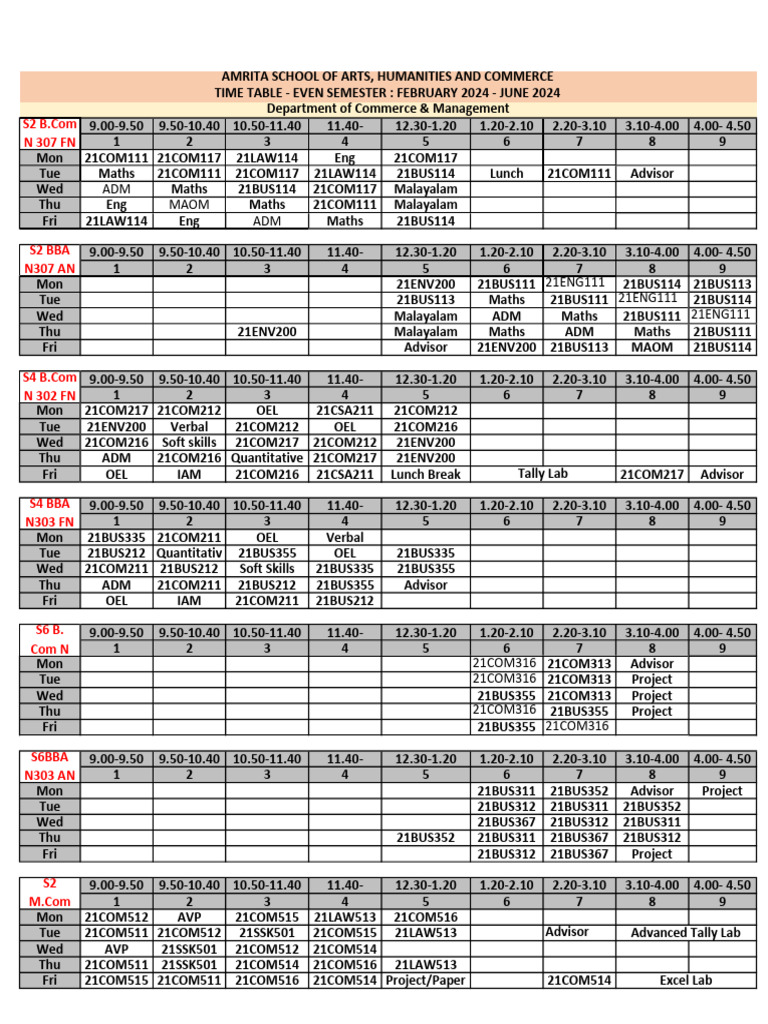 Time Table - Even Semester - February 2024 - June 2024 Asahc | PDF ...