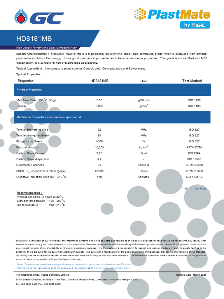 HD8181MB Technical Data Sheet 20240402135034 | PDF | Pipe (Fluid Conveyance) | Polyethylene