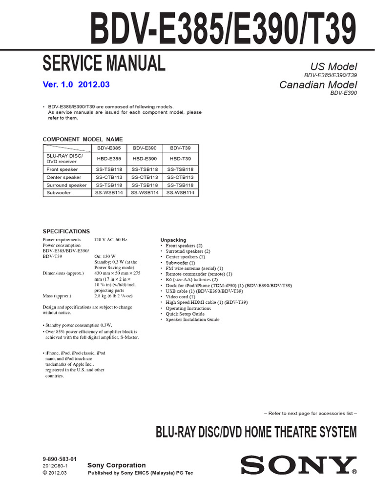 Sony - BDV E385, BDV E390, BDV t39, HBD E385, HBD E390, HBD t39 | PDF ...