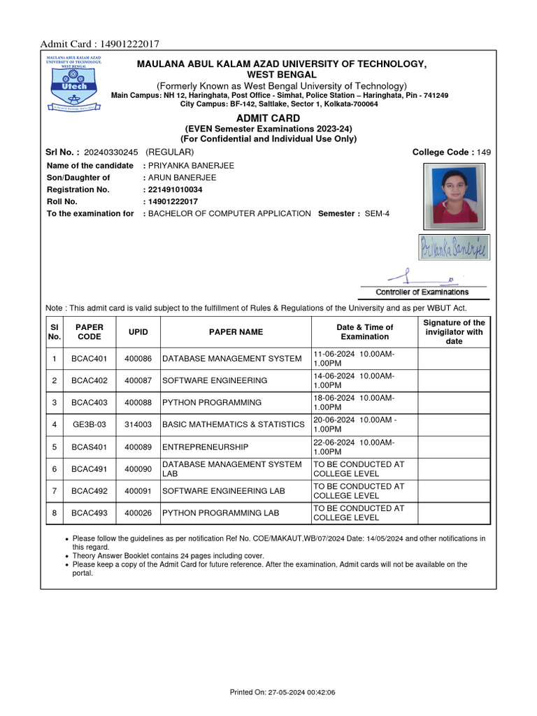 MAKAUT Admit Card for BCA Semester 4 | PDF | Computer Science | Information Technology
