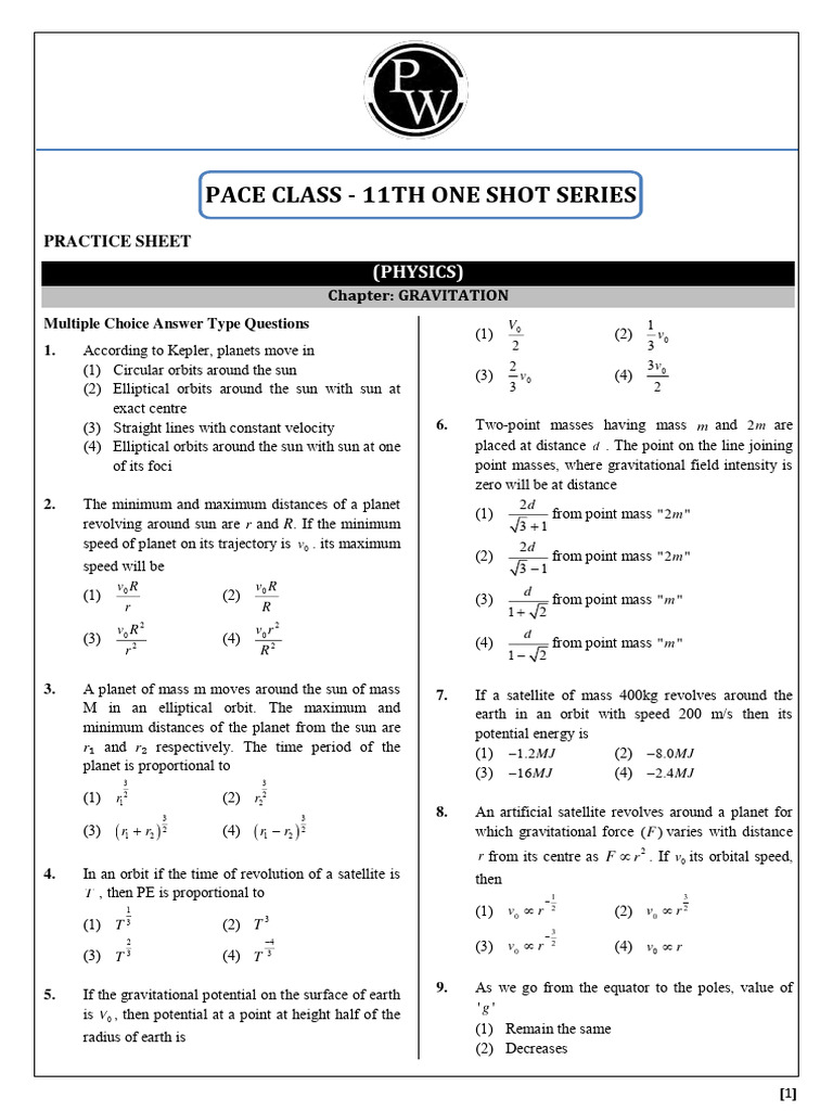 Gravitation - Practice Sheet - Pace Class - 11th One Shot Series | PDF | Orbit | Velocity