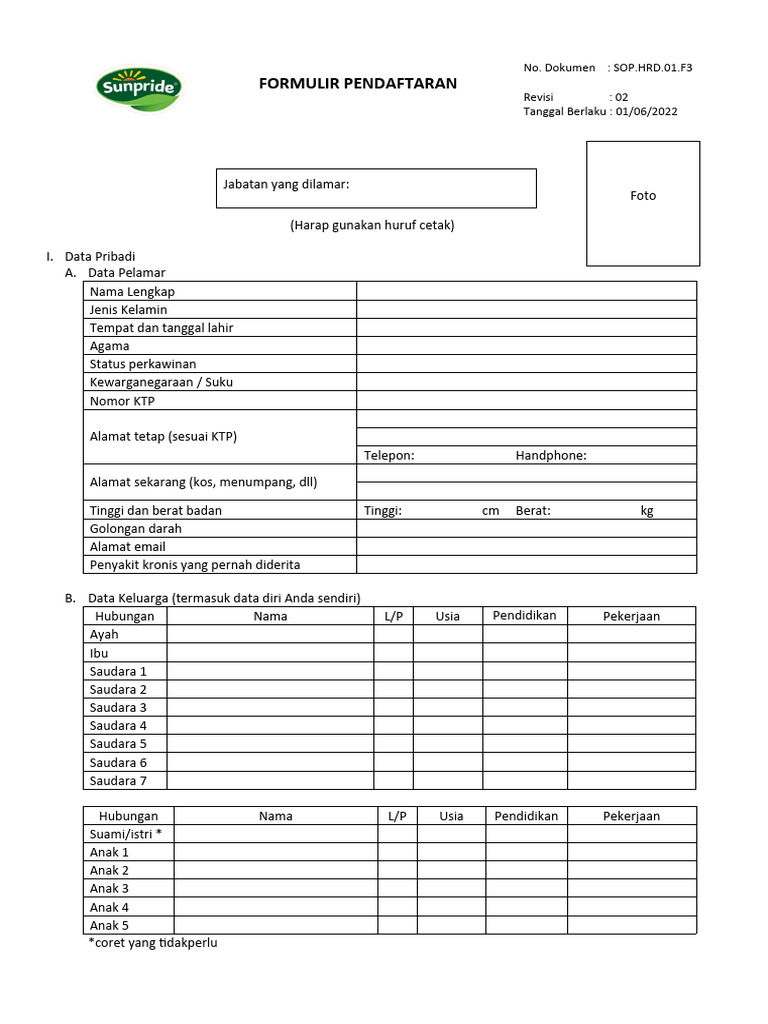 SOP - HRD.01.F3 - Formulir Pendaftaran (Rev1) | PDF