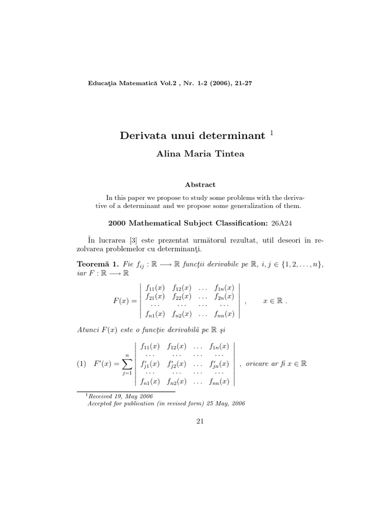 Derivative of a Determinant Analysis | PDF