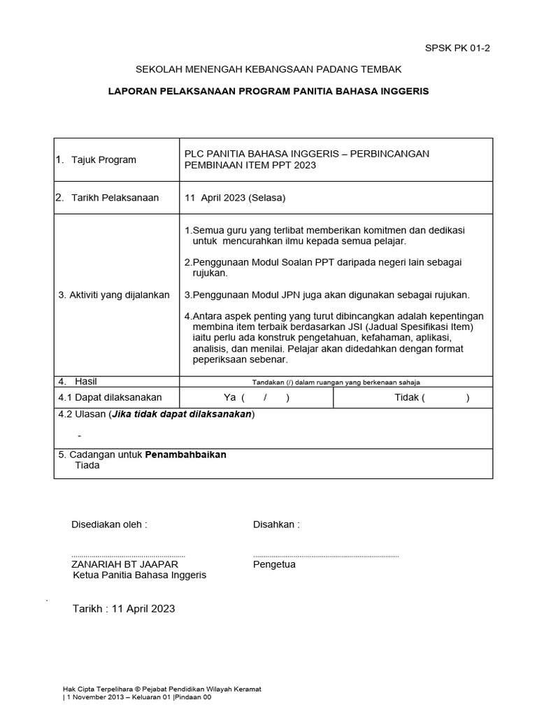 SKLPM LAPORAN PLC BI April 2023 Pembinaan Item | PDF