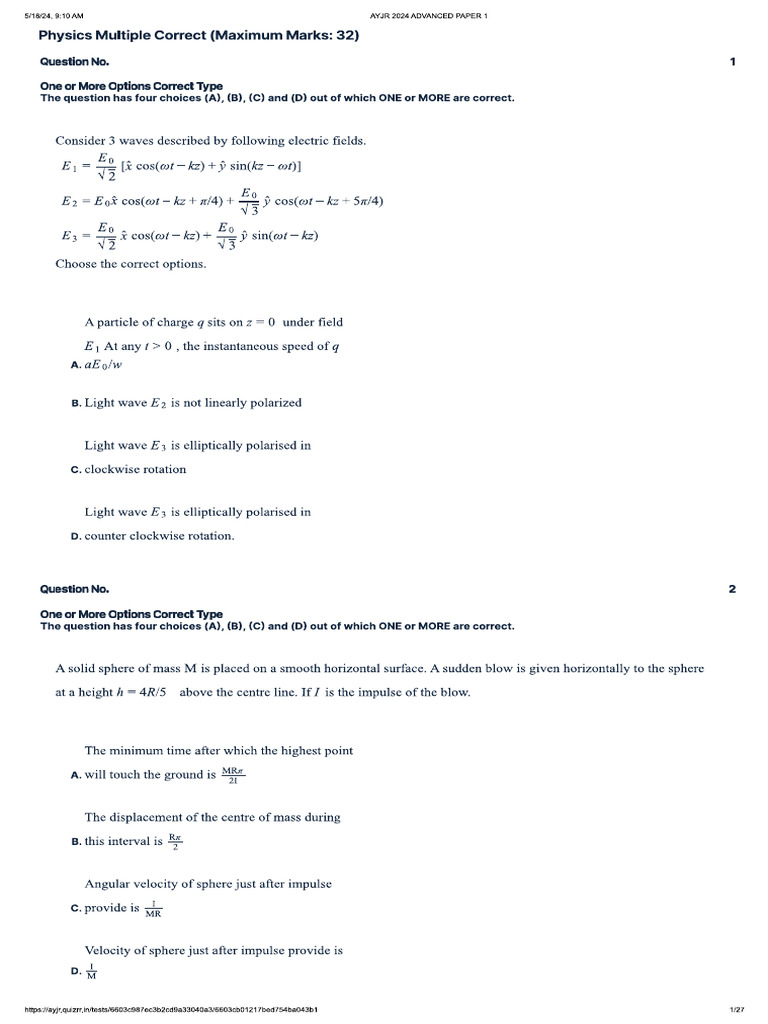 Ayjr 2024 (Jee Adv)-p1 | PDF