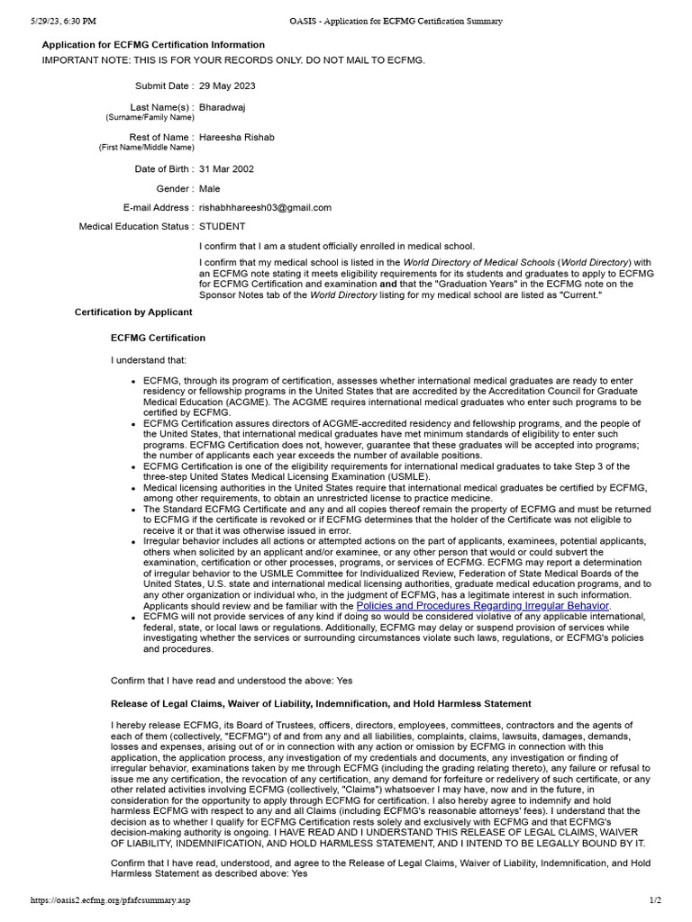 OASIS - Application For ECFMG Certification Summary | PDF | Indemnity | Justice