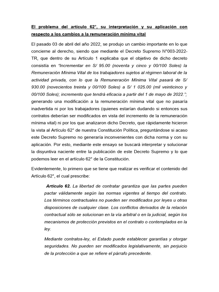 El Problema Del Artículo 62°, Su Interpretación y Su Aplicación Con ...