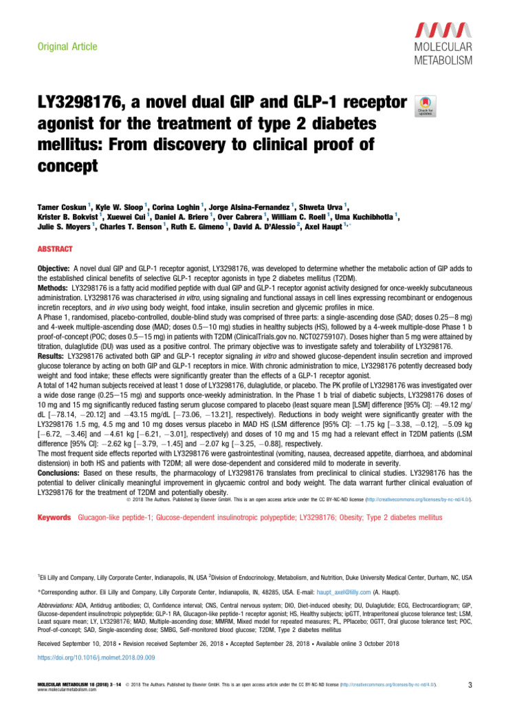LY3298176 A Novel Dual GIP and GLP-1 Receptor Agon | PDF