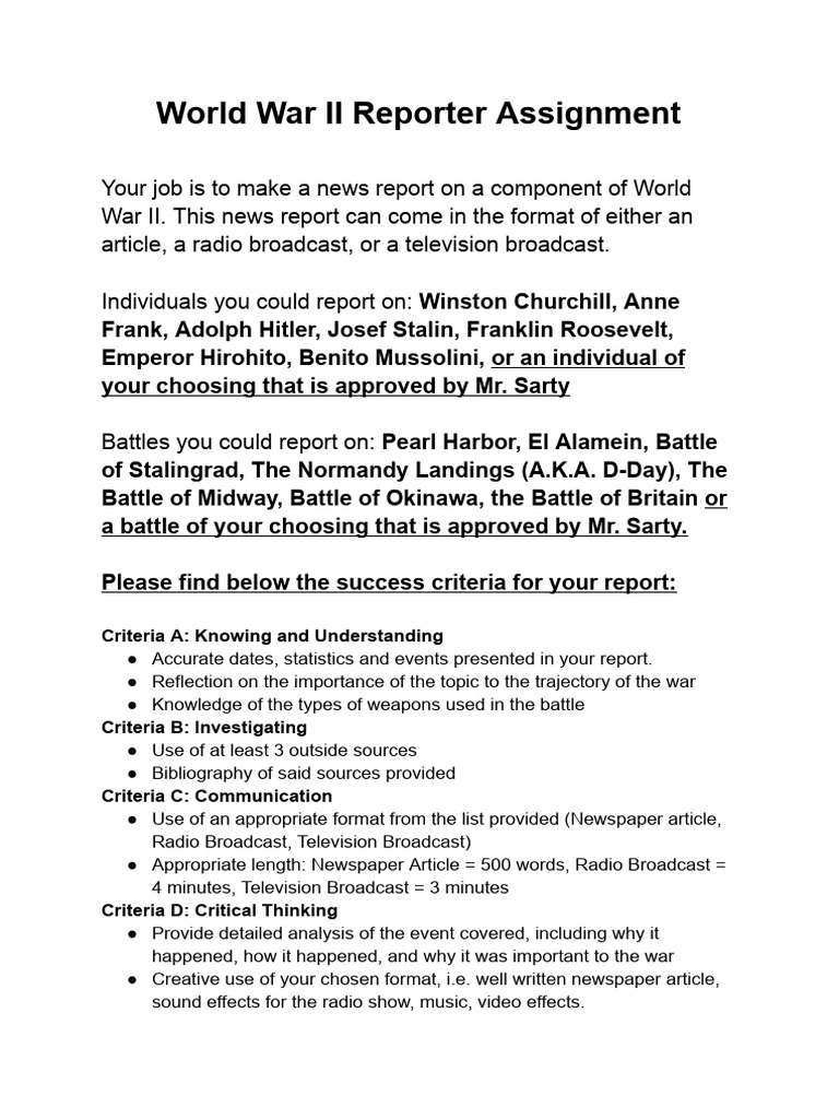 World War II News Report Assignment | PDF | Information | Concept