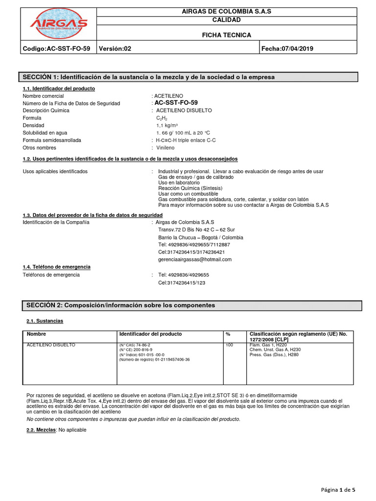 FDS Acetileno AIRGAS | PDF | Solvente | Gases