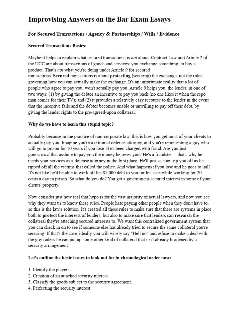 Improvising On Bar Exam Essays | PDF | Law Of Agency | Legal Liability