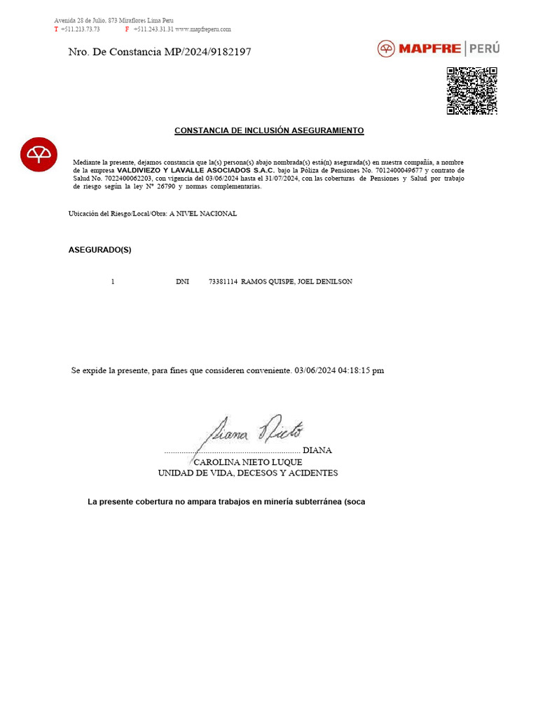 Constancia Bimestral SCTR 2024 | PDF | Póliza de seguros | Servicios financieros