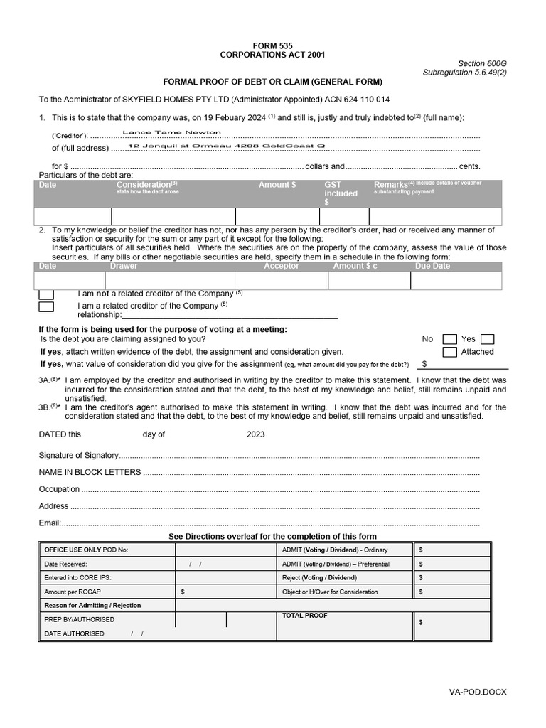 VA-POD Form 535 Proof of Debt (For Voting Purposes Only) - S11927VA ...