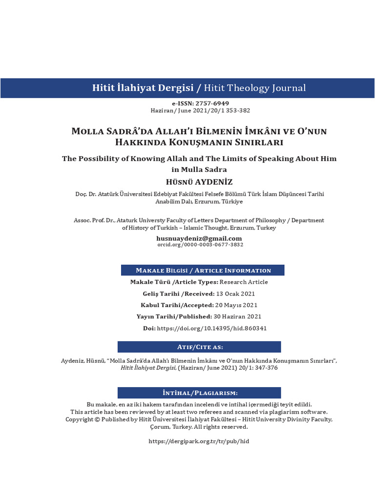 Molla_Sadra_da_Allah_i_Bilmenin_Imkani_v | Download Free PDF | Existence | Thought