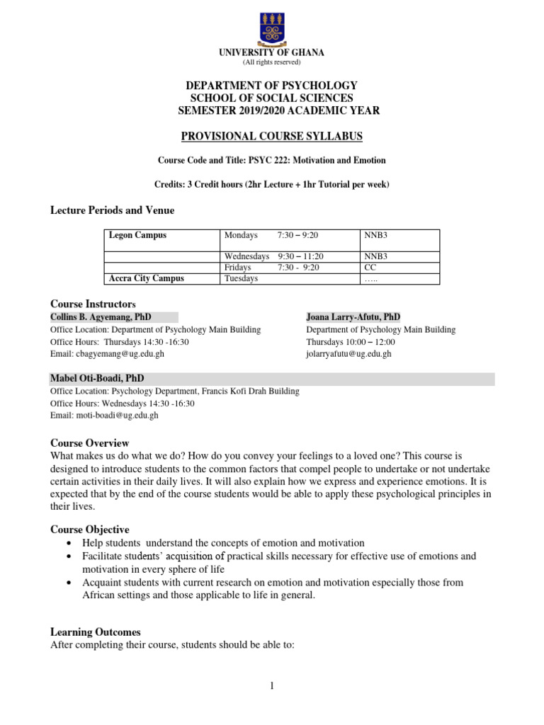 PSYC 222 COURSE SYLLABUS-UG 2020 Final | PDF | Emotions | Motivation