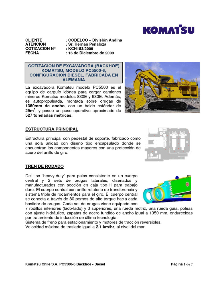 Cotización Excavadora Komatsu PC5500-6 | PDF | Tecnología