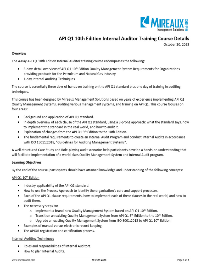 API Q1 Internal Auditor Training Course | PDF | Internal Audit ...
